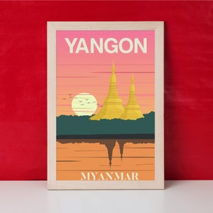 Yangon Travel Poster, Myanmar Art Print, Shwesandaw Pagoda, South East ...