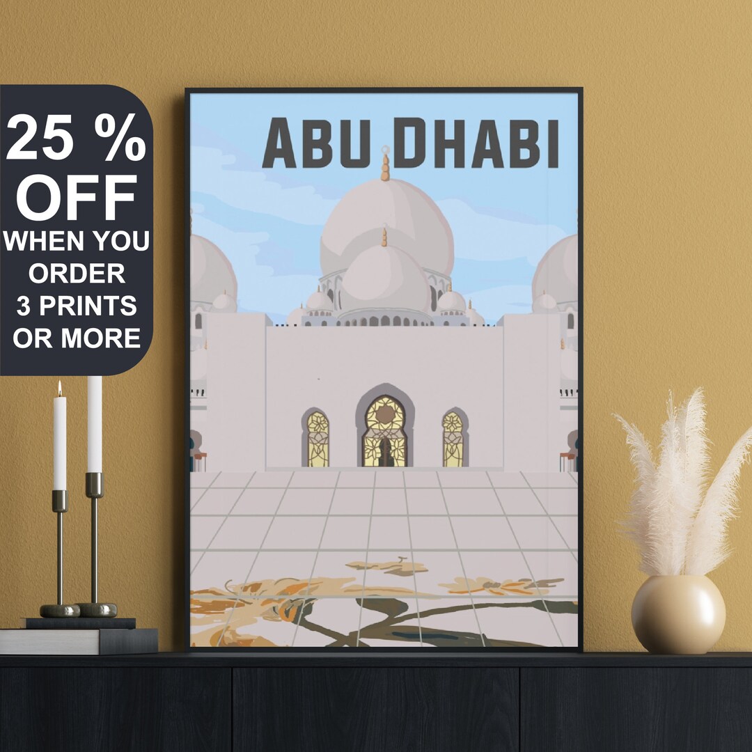 Abu Dhabi UAE Travel Poster, Sheikh Zayed Grand Mosque, United Arab ...