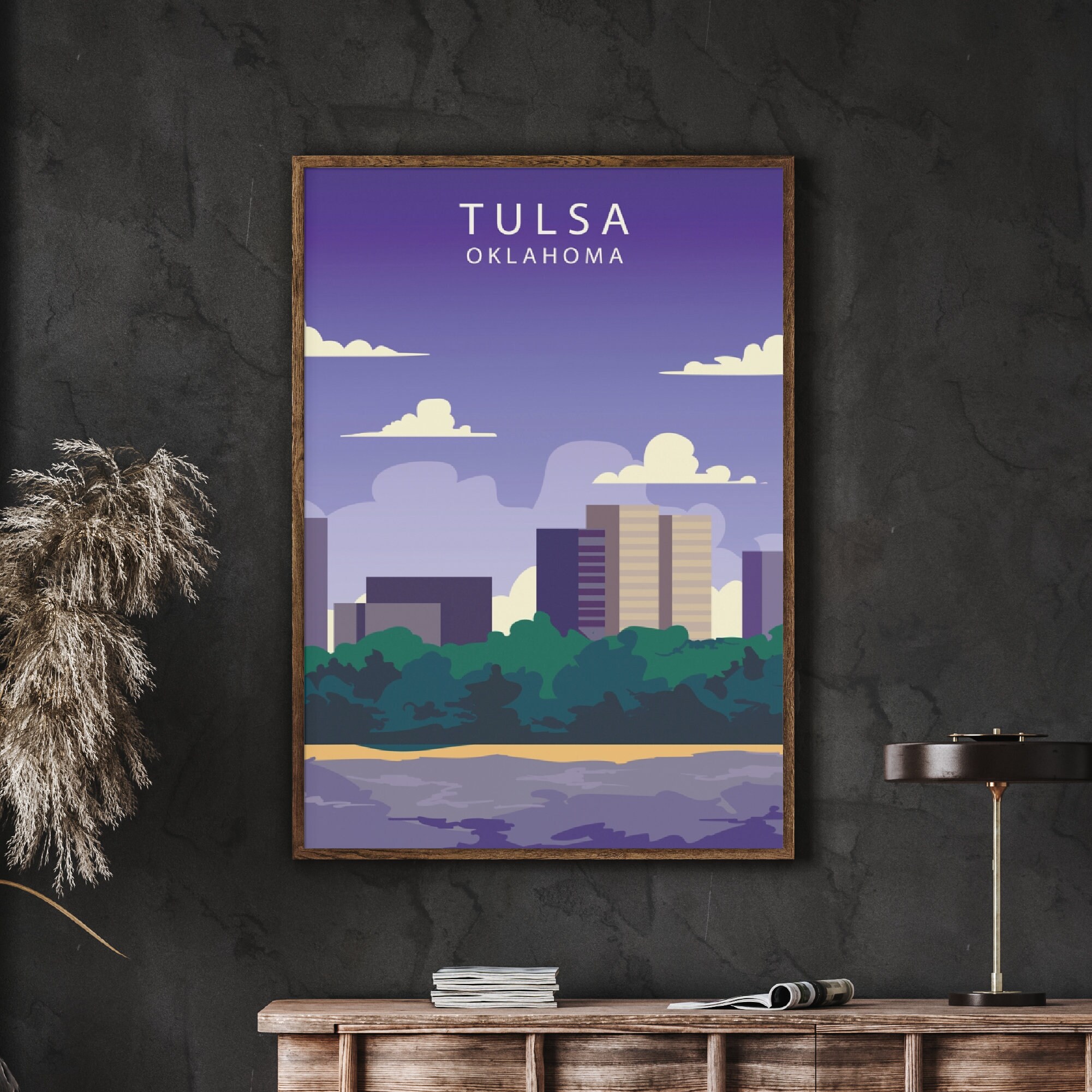 Oklahoma Travel Poster Tulsa Skyline Arkansas River - Etsy UK