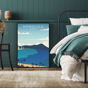 Honolulu Travel Poster, Hawaii Print, Beach Poster, Palm Trees Art ...
