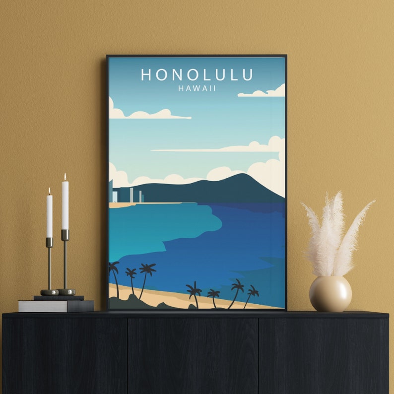 Honolulu Travel Poster Hawaii Print Beach Poster Palm Trees | Etsy