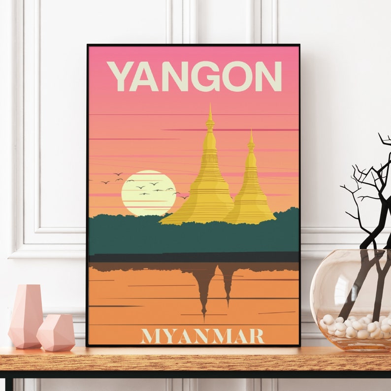 Yangon Travel Poster Myanmar Art Print Shwesandaw Pagoda | Etsy