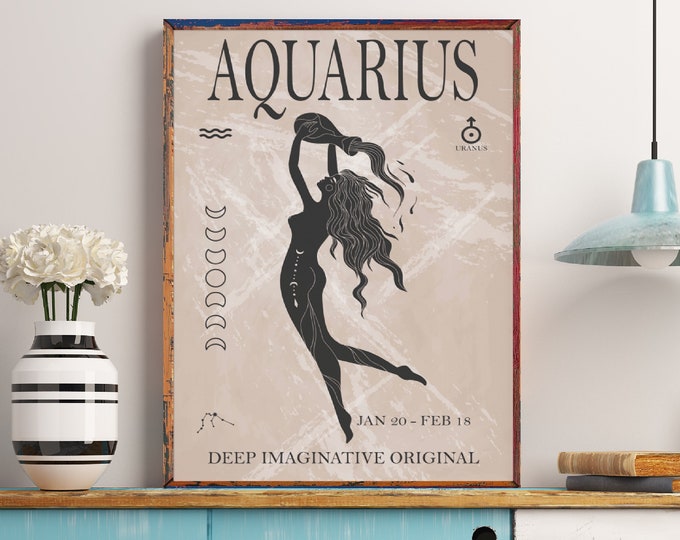 Aquarius Astrology Print, Aquarius Wall Art, Boho Print, Horoscope Wall ...