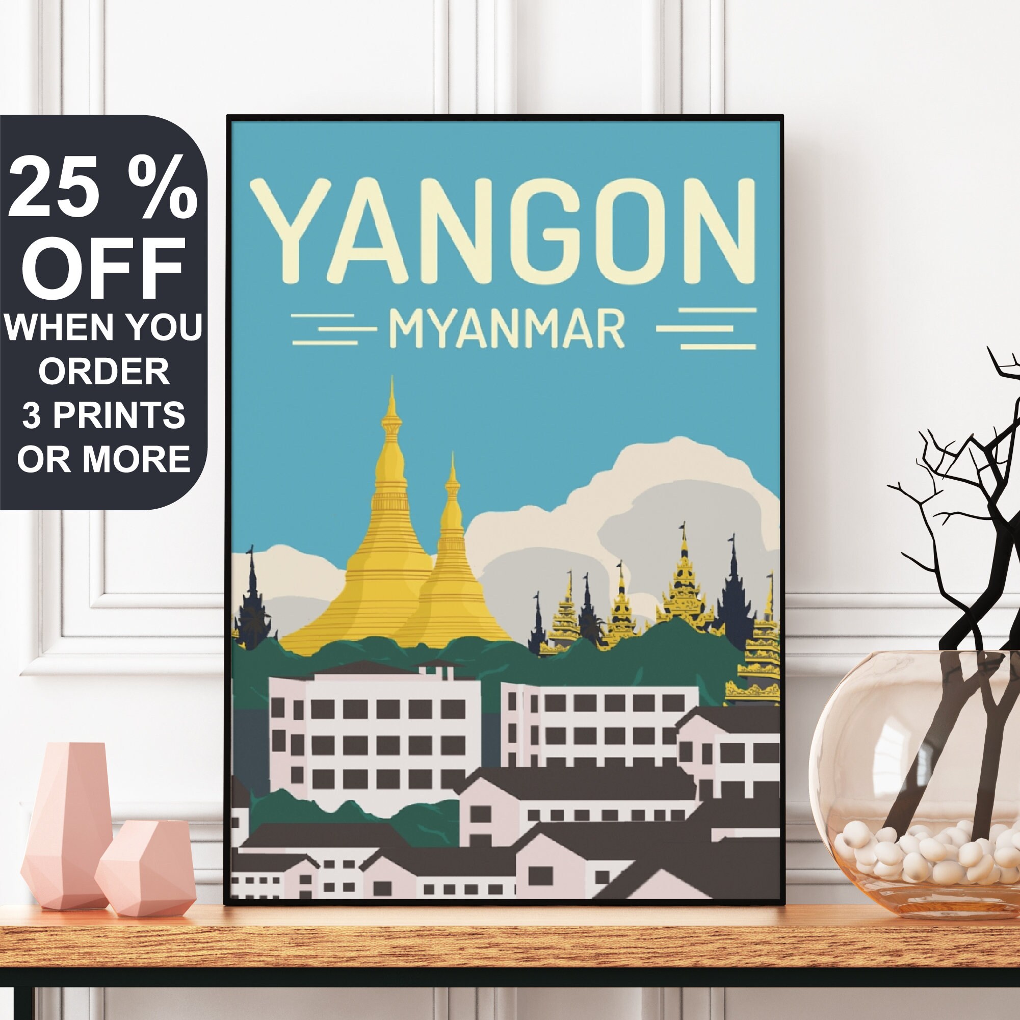 Yangon Travel Poster Myanmar Art Print Shwesandaw Pagoda | Etsy