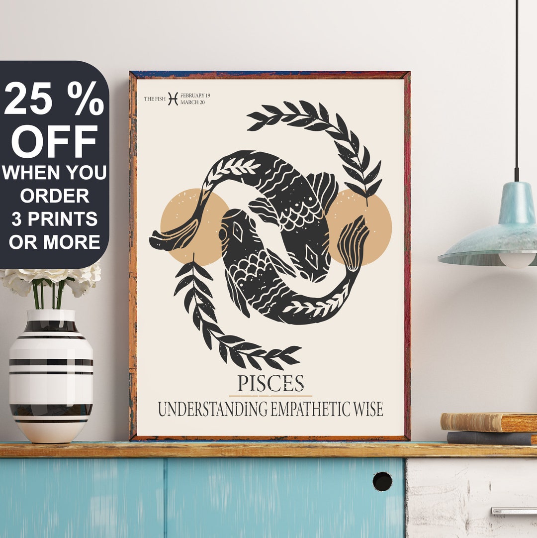 Pisces Zodiac Print, Boho Wall Art, Pisces Zodiac Gift, Astrology Sign ...