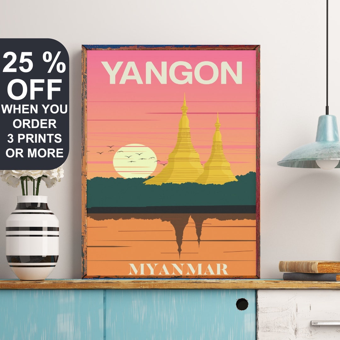 Yangon Travel Poster, Myanmar Art Print, Shwesandaw Pagoda, South East ...