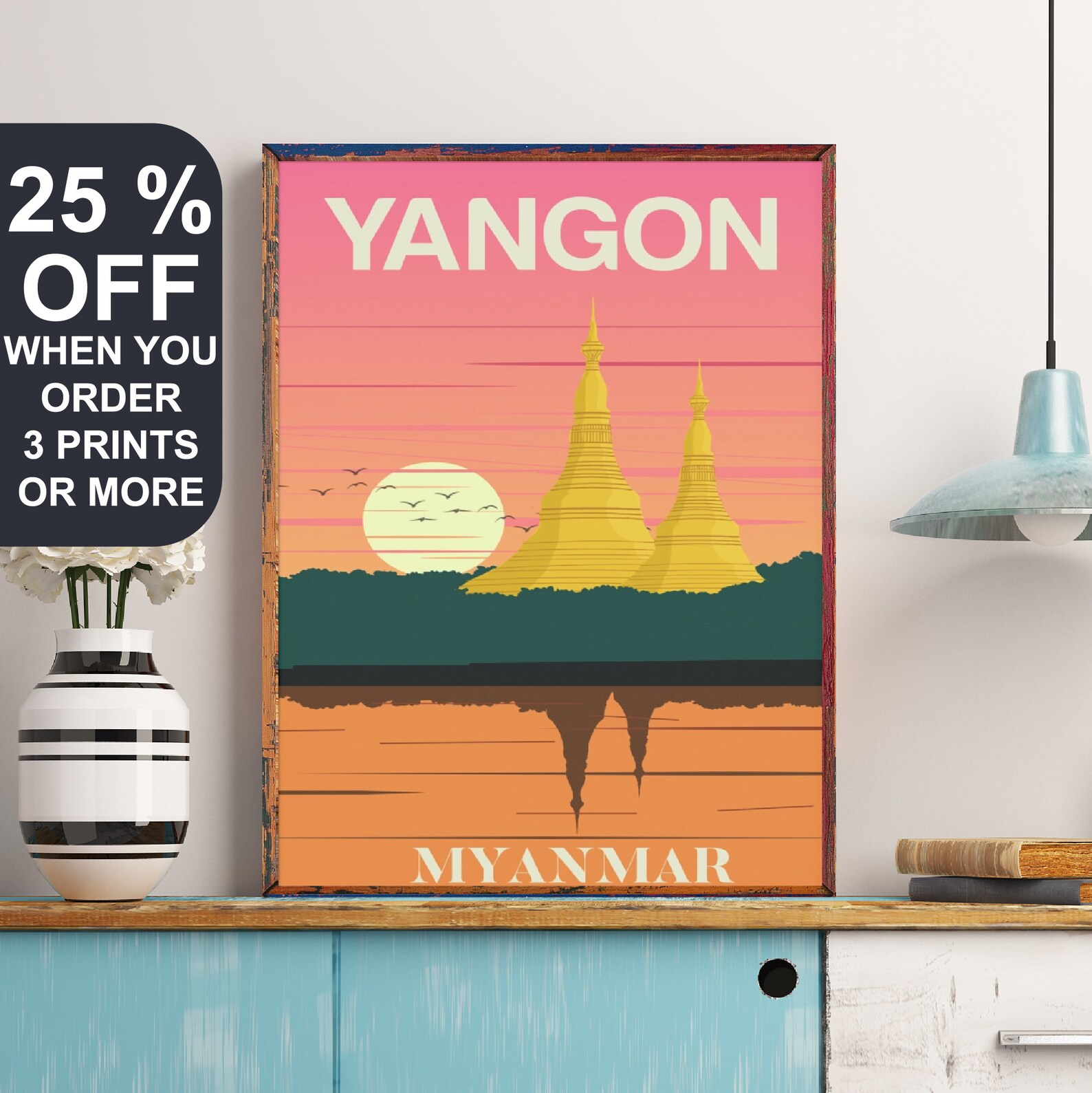 Yangon Travel Poster Myanmar Art Print Shwesandaw Pagoda - Etsy UK
