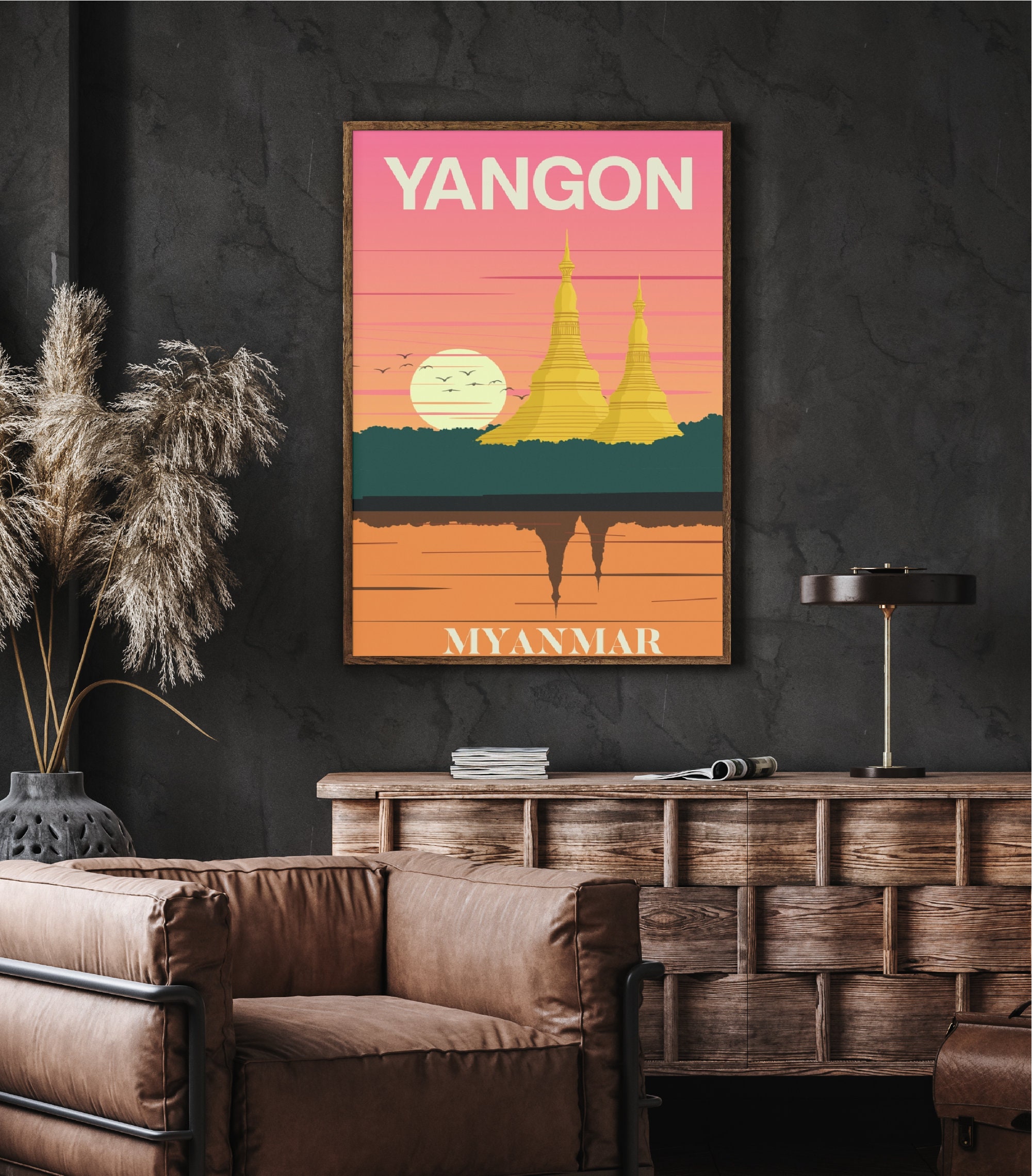Yangon Travel Poster Myanmar Art Print Shwesandaw Pagoda | Etsy