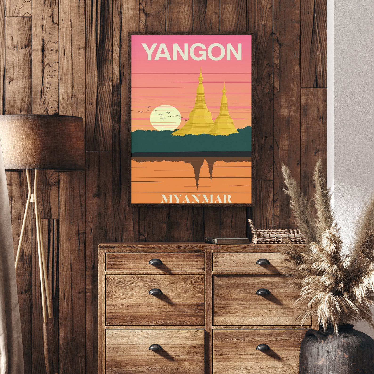 Yangon Travel Poster Myanmar Art Print Shwesandaw Pagoda | Etsy