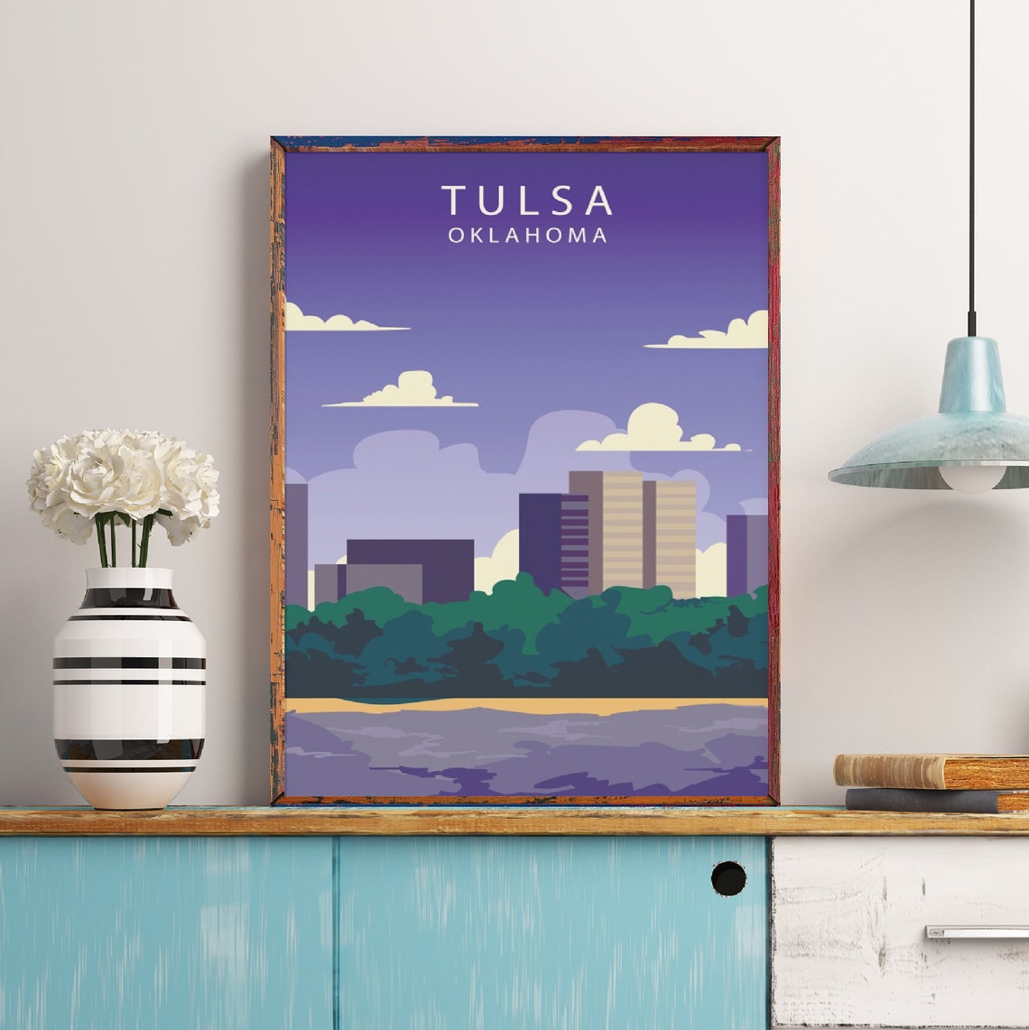 Oklahoma Travel Poster Tulsa Skyline Arkansas River | Etsy