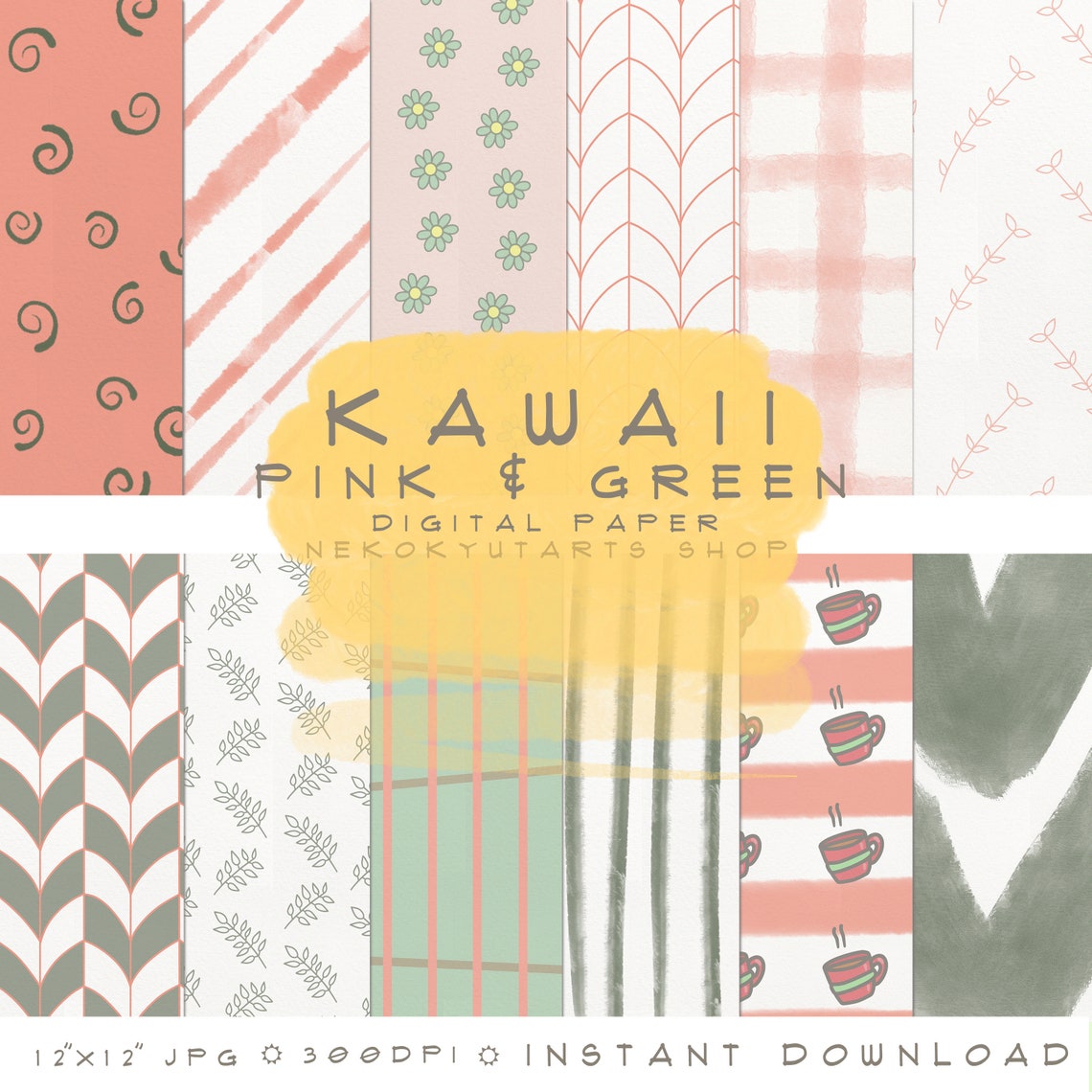Kawaii Pink and Green Digital Paper, Cute Digital Pattern, Paper ...
