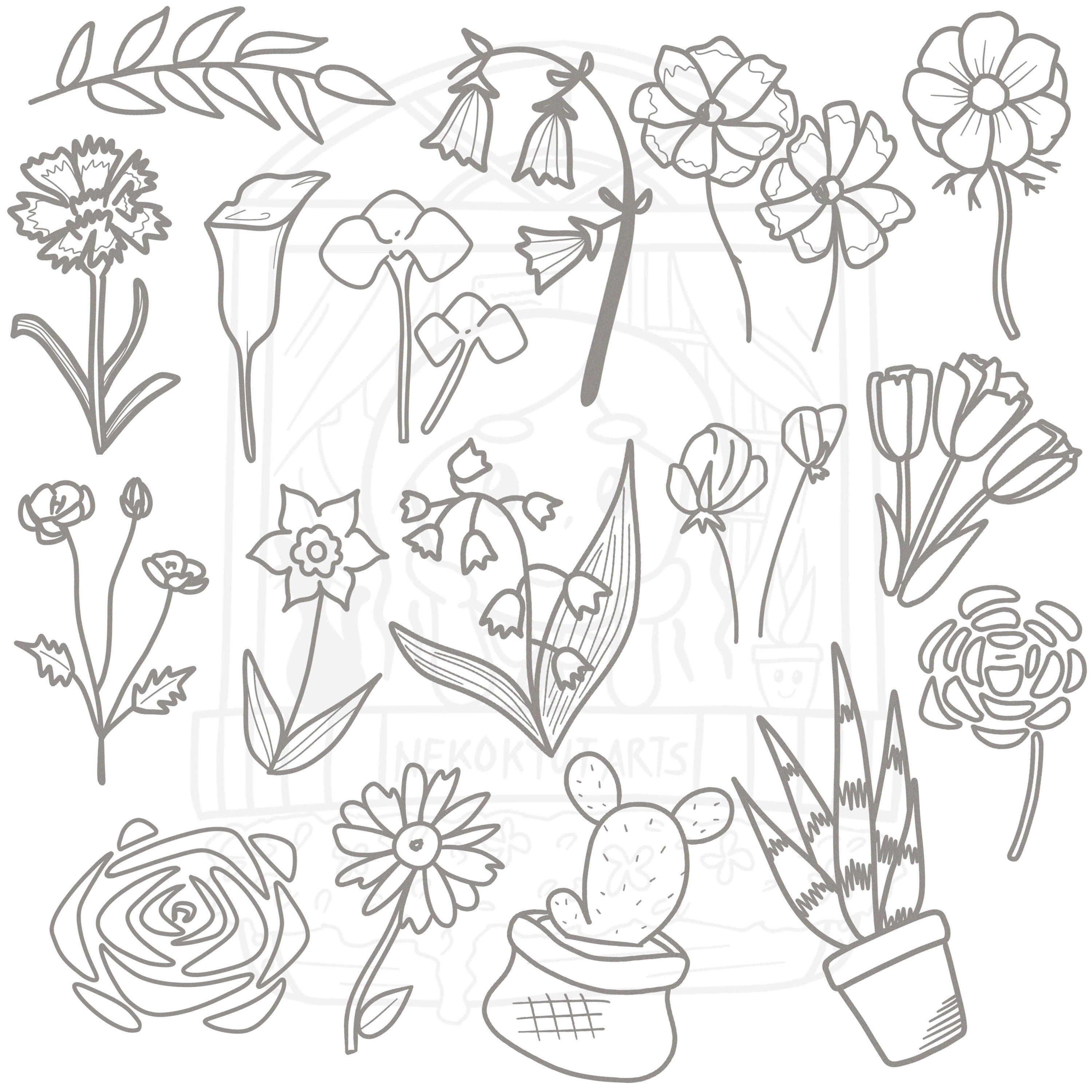 Plants and Flowers Brown Line Art, Floral Digital Stamp, Kawaii Plant ...