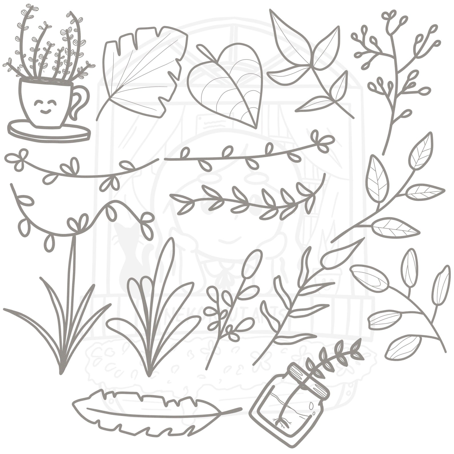 Plants and Flowers Brown Line Art, Floral Digital Stamp, Kawaii Plant ...
