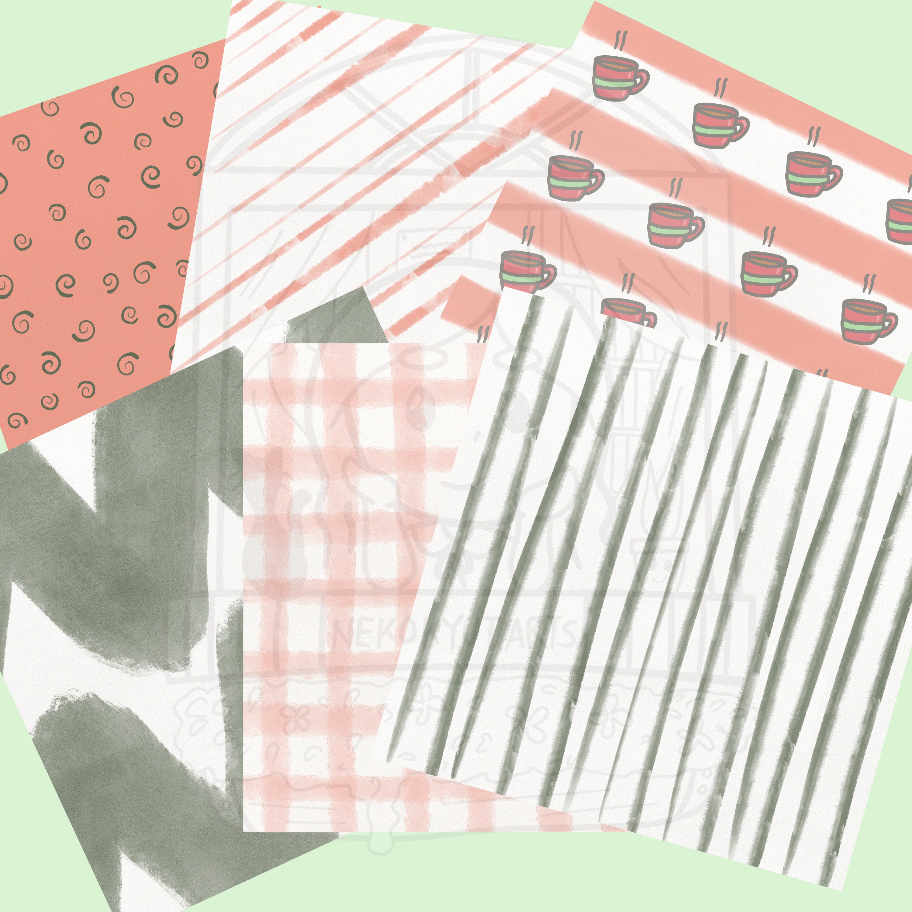 Kawaii Pink and Green Digital Paper, Cute Digital Pattern, Paper ...