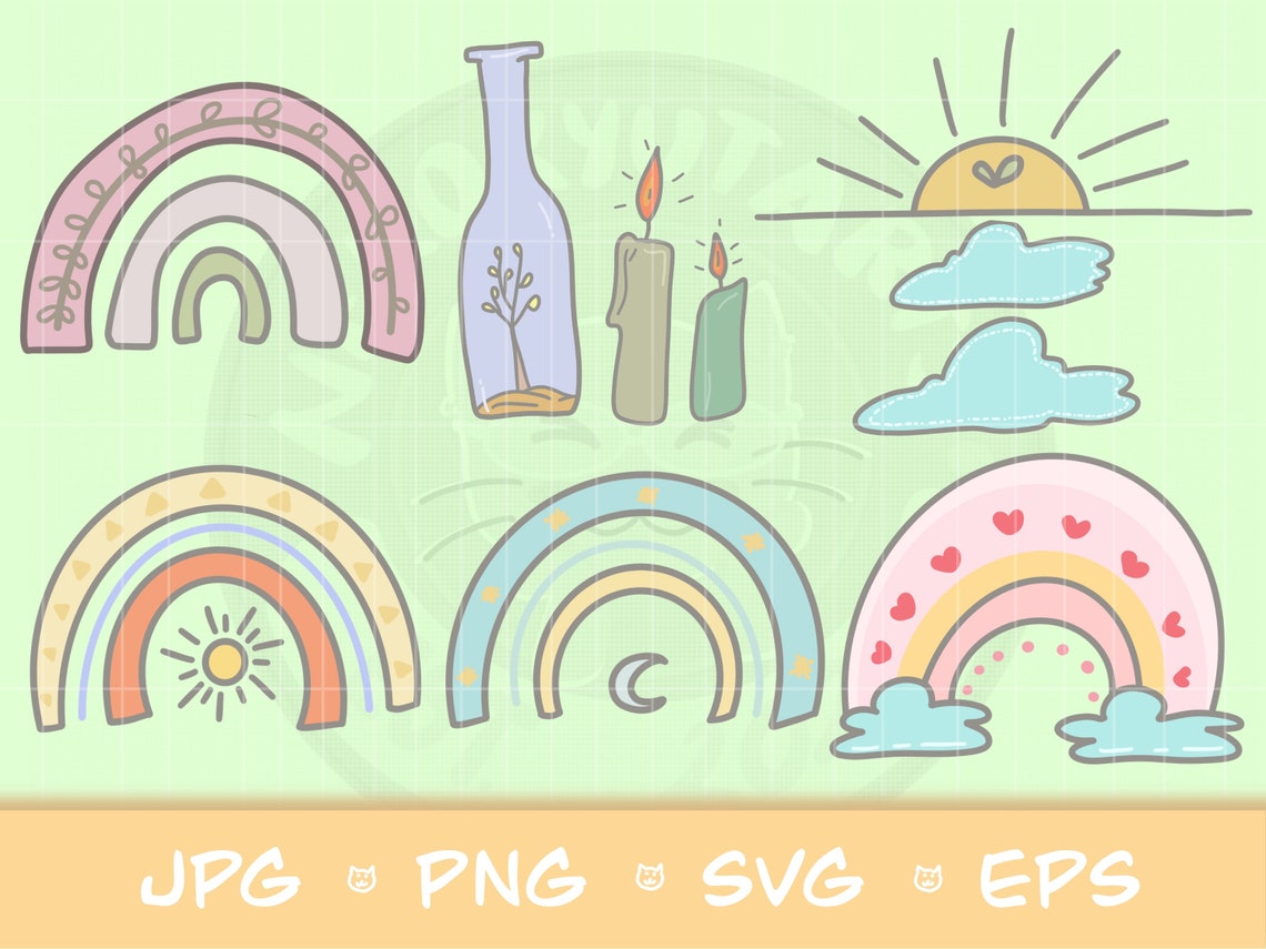 Kawaii Rainbow Clipart, Baby Rainbow Design, Boho Elements, Rainbow ...