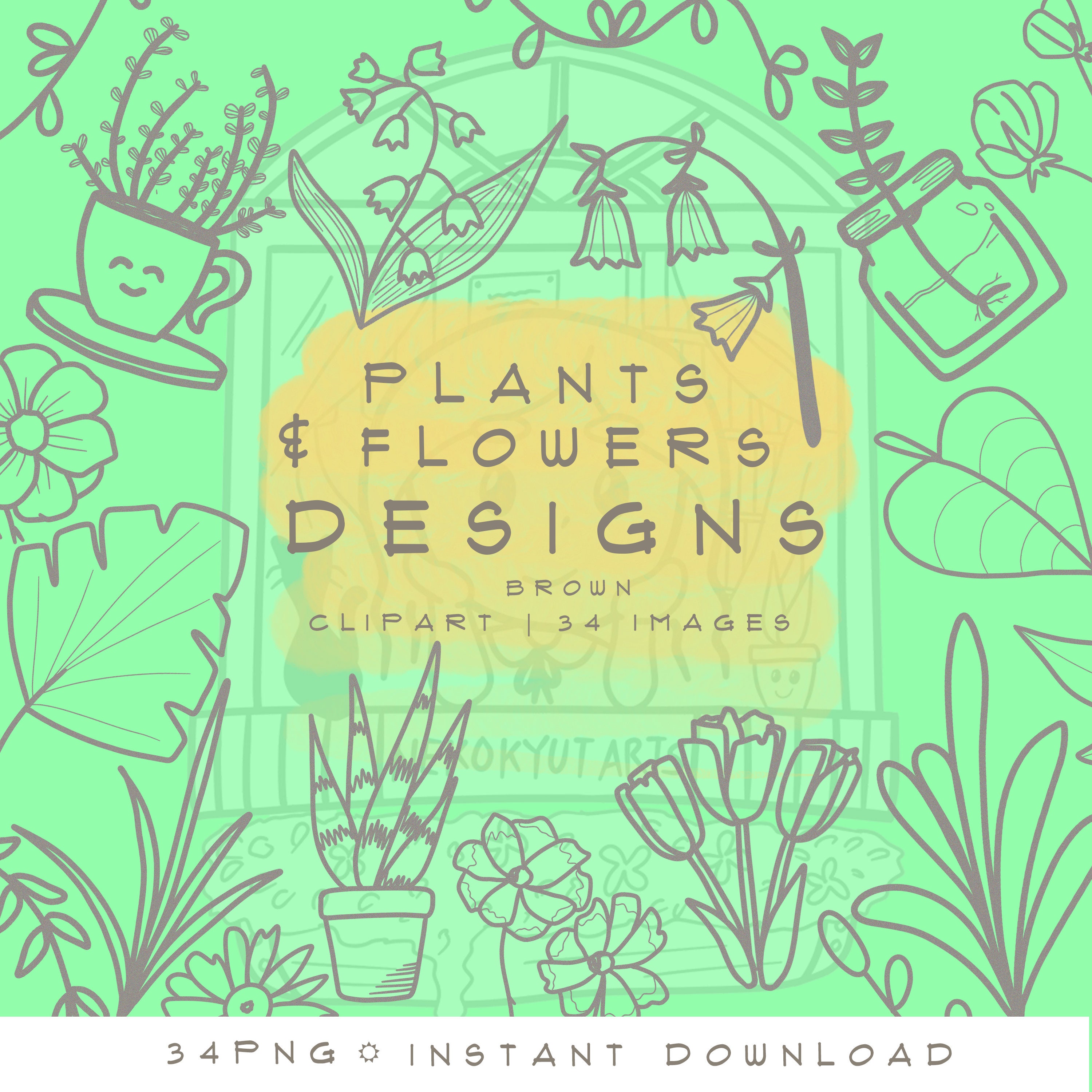 Plants and Flowers Brown Line Art, Floral Digital Stamp, Kawaii Plant ...
