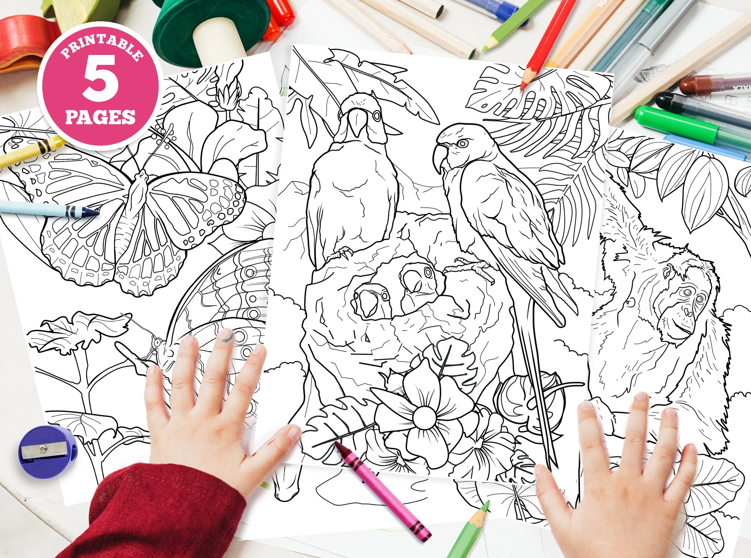5 coloriages numériques imprimables pour enfants, animaux de la jungle ...