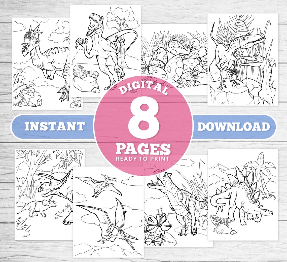 8 Printable Digital Coloring Pages for Kids, Prehistoric Dinosaurs ...