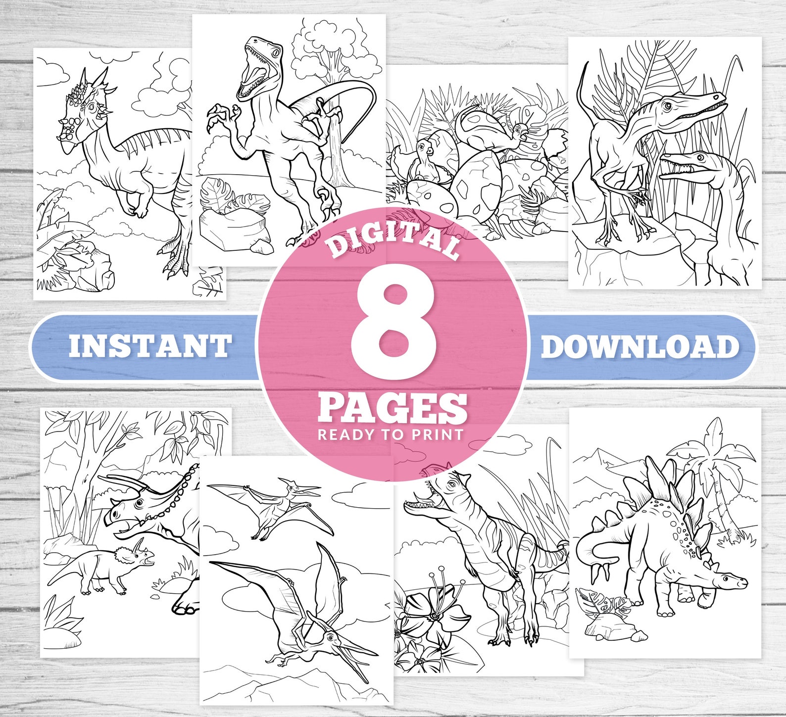 8 Printable Digital Coloring Pages for Kids, Prehistoric Dinosaurs ...