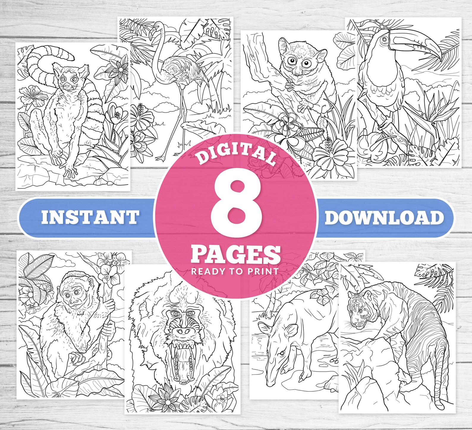 8 Printable Digital Coloring Pages for Kids, Jungle Animals, Unique ...
