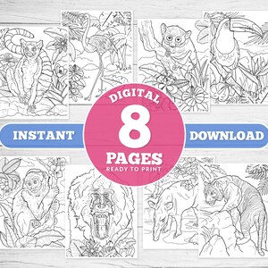 8 Printable Digital Coloring Pages for Kids, Jungle Animals, Unique ...