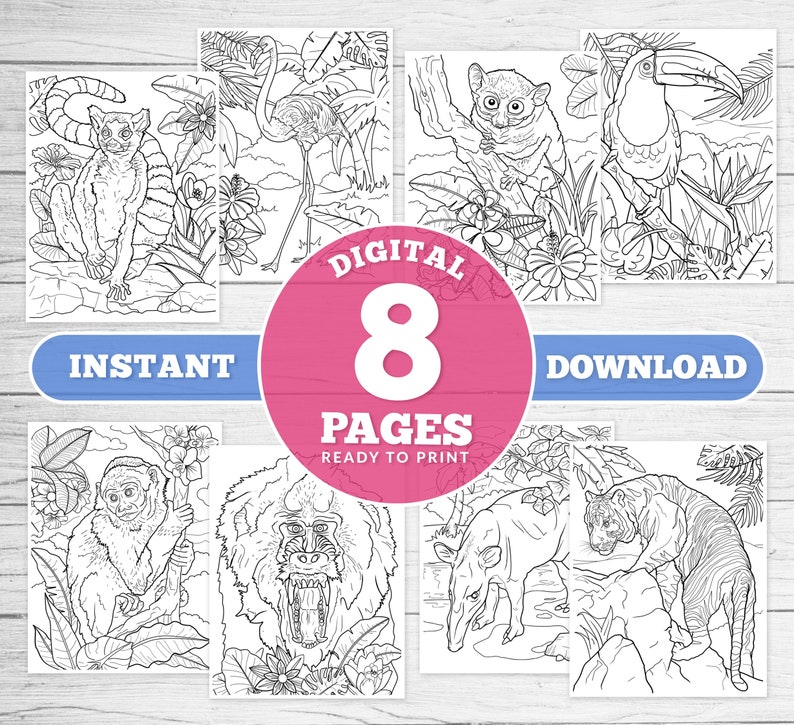 8 Printable Digital Coloring Pages for Kids, Jungle Animals, Unique ...