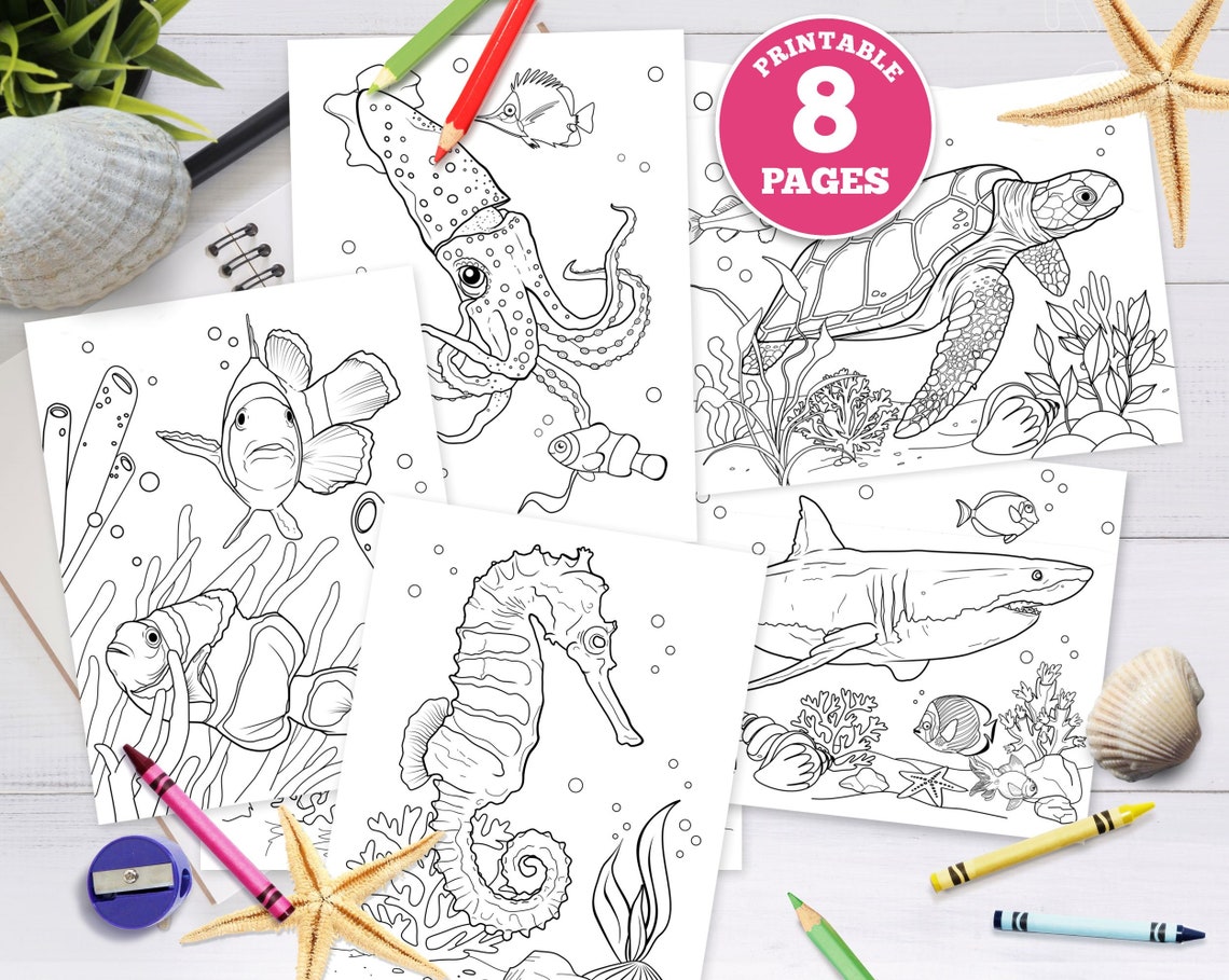 8 Digital Coloring Pages for Kids Sea Creatures, Sea Animals, Tropical ...