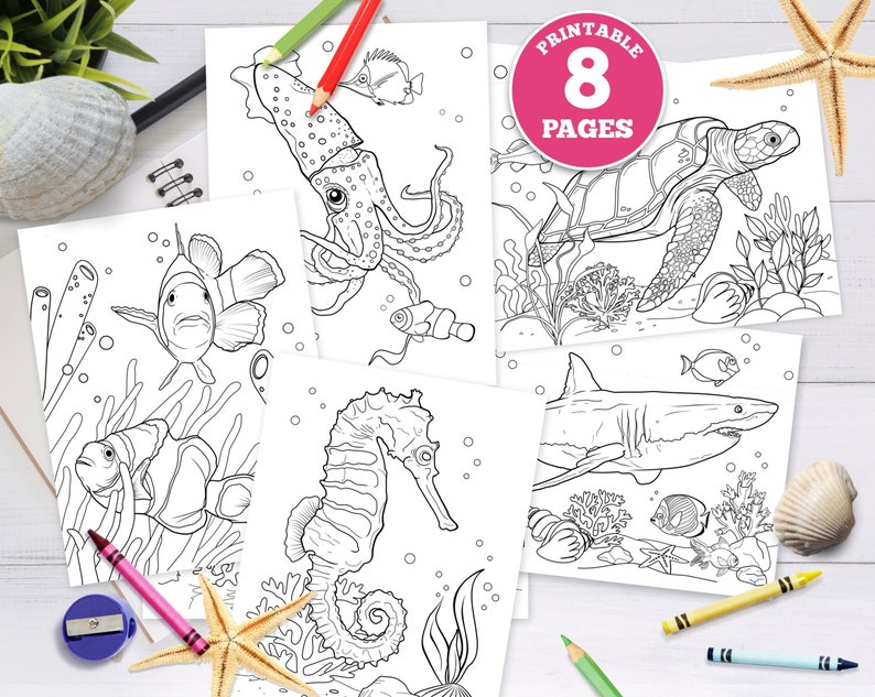 8 Digital Coloring Pages for Kids Sea Creatures, Sea Animals, Tropical ...