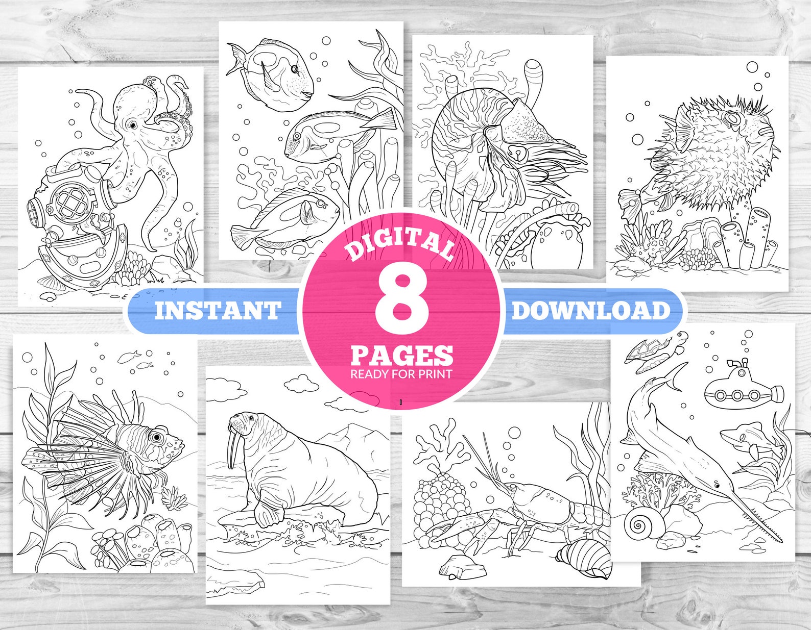 8 Digital Coloring Pages for Kids Sea Cretures, Sea Animals, Underwater ...