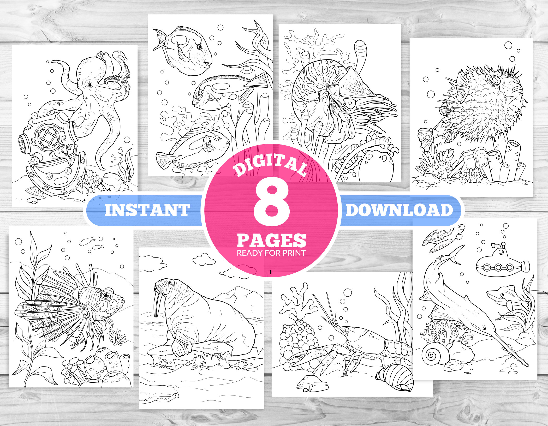 8 Digital Coloring Pages for Kids Sea Cretures, Sea Animals, Underwater ...
