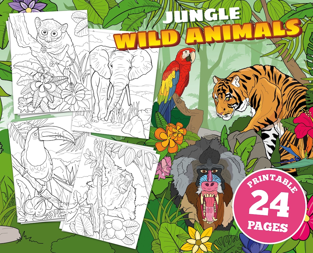 24 Printable Pages for Kids, Jungle Wild Animals, Tropical, Wildlife ...