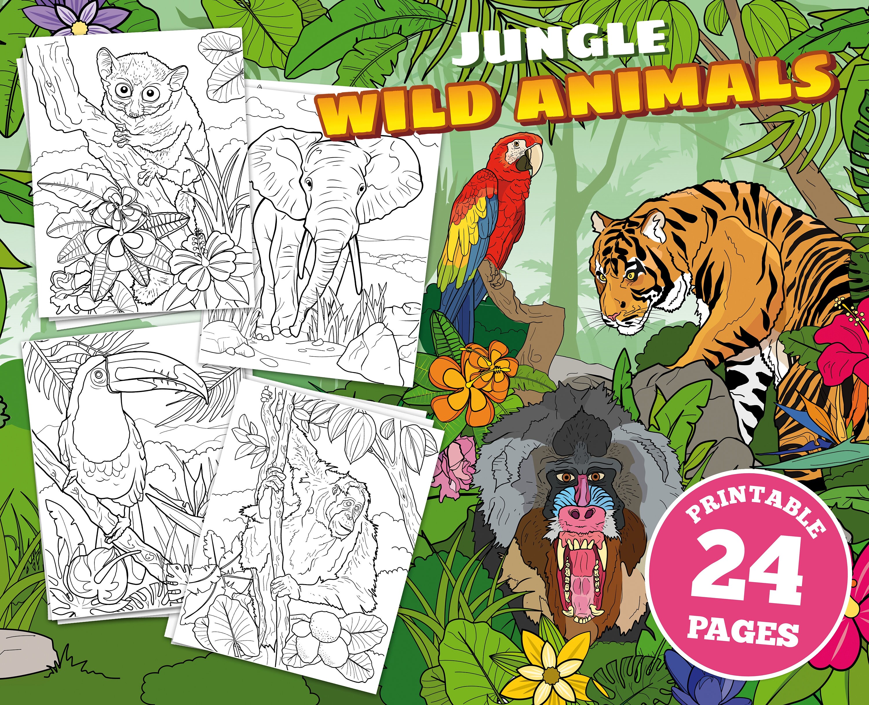 24 Printable Pages for Kids, Jungle Wild Animals, Tropical, Wildlife ...