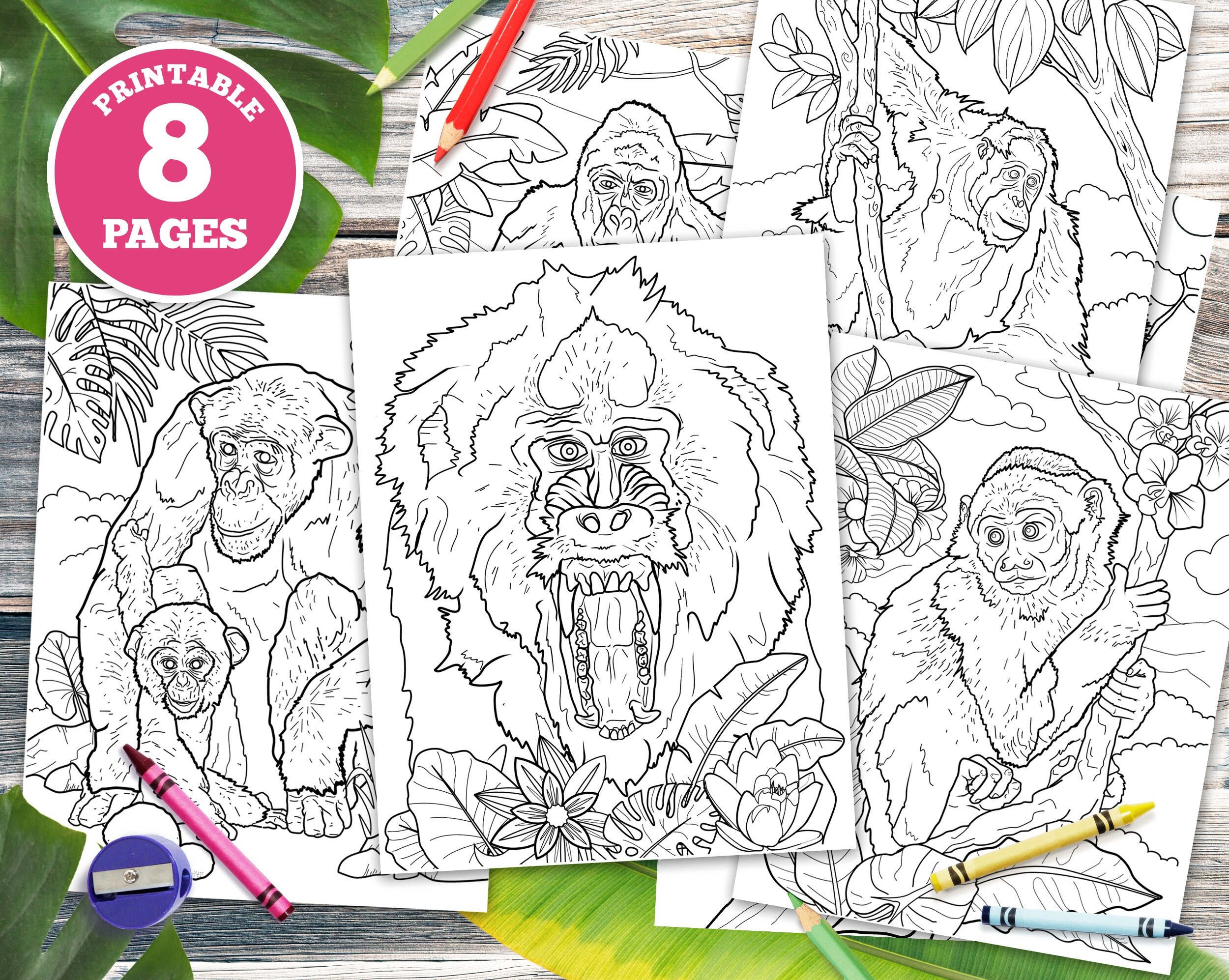 Monkeys 8 Printable Digital Coloring Pages for Kids, Unique ...