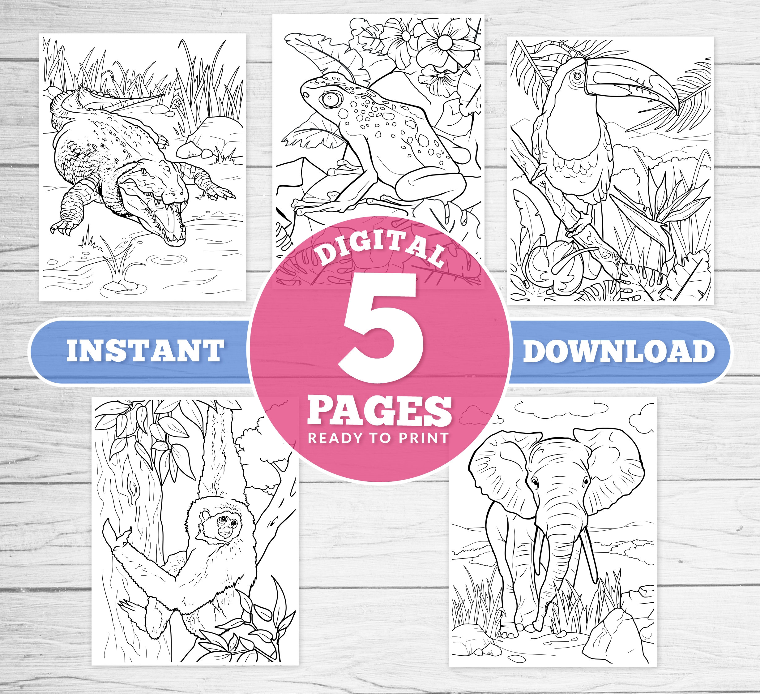 5 Printable Digital Coloring Pages for Kids, Jungle Animals, Unique ...