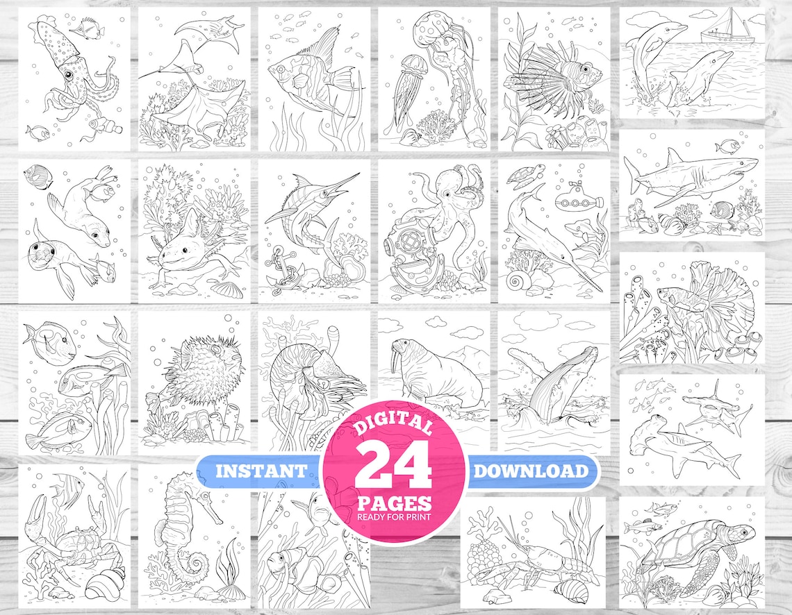 24 Digital Coloring Pages for Kids Sea Creatures, Sea Animals, Tropical ...