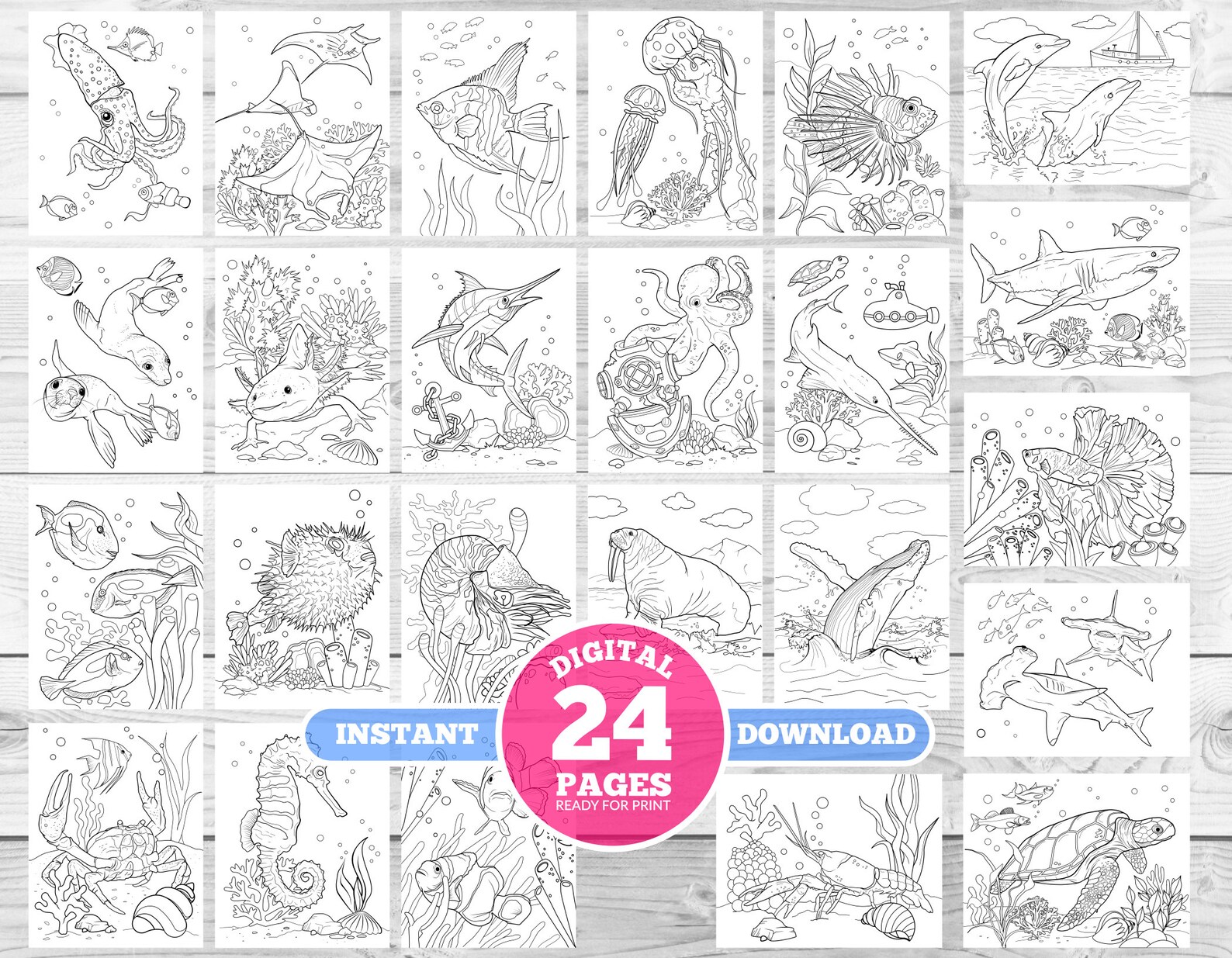 24 Digital Coloring Pages for Kids Sea Creatures, Sea Animals, Tropical ...