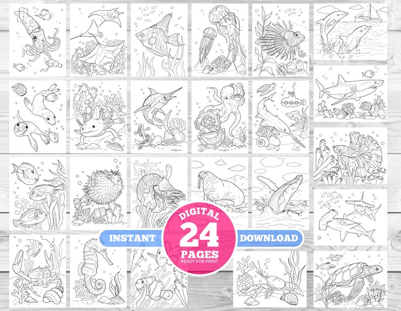 24 Digital Coloring Pages for Kids Sea Creatures, Sea Animals, Tropical ...