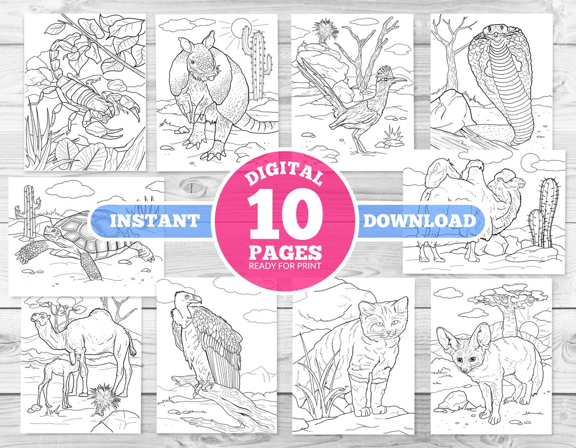 Desert Wild Animals Digital Coloring Pages, Snakes, Printable Pdf ...