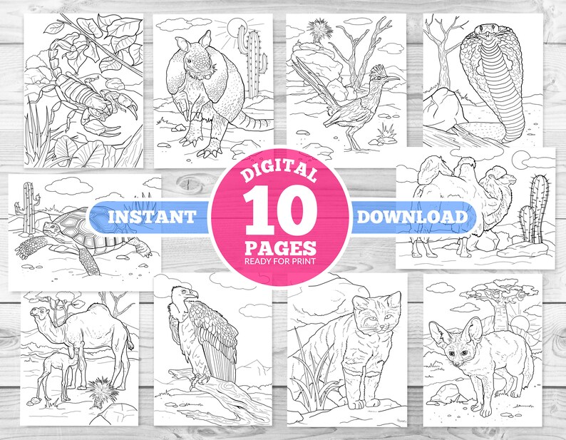 Desert Wild Animals Digital Coloring Pages, Snakes, Printable Pdf ...