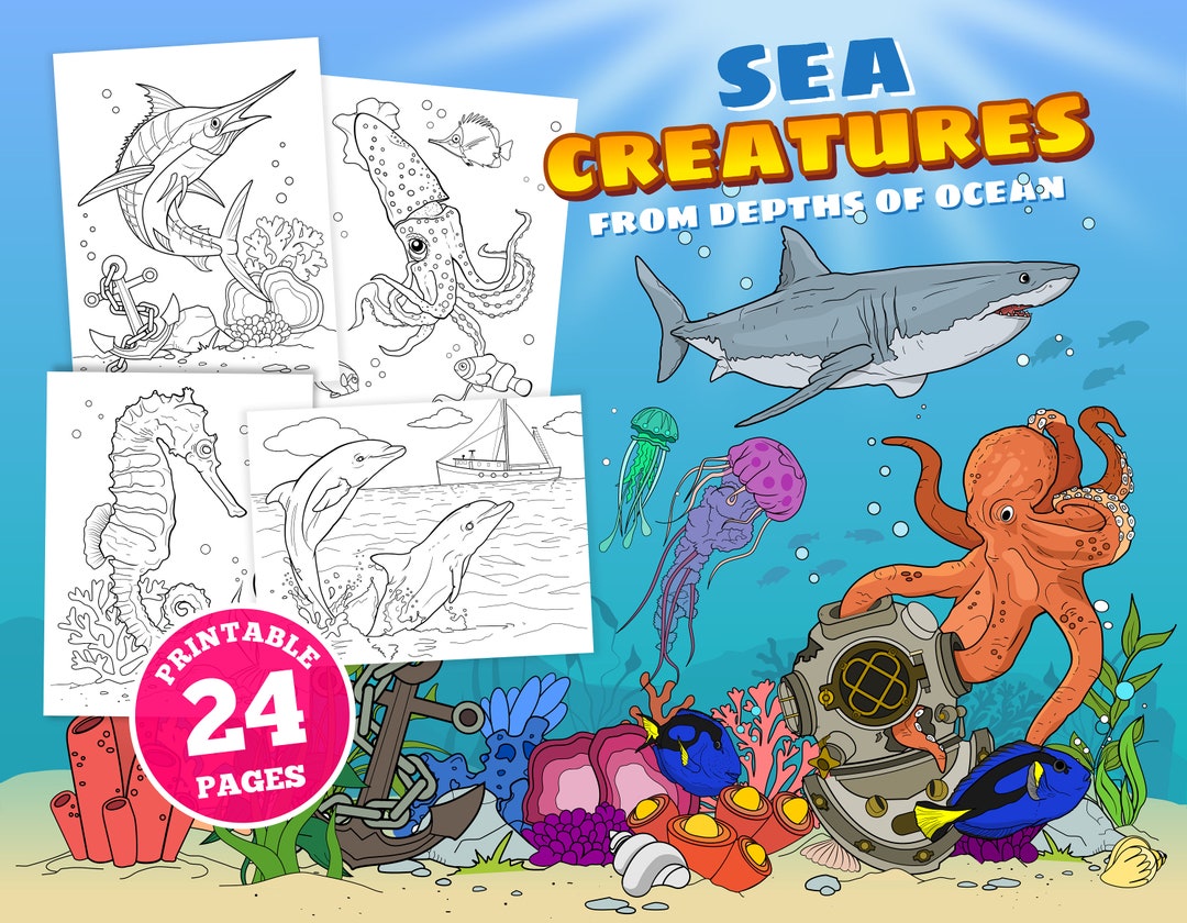 24 Digital Coloring Pages for Kids Sea Creatures, Sea Animals, Tropical ...