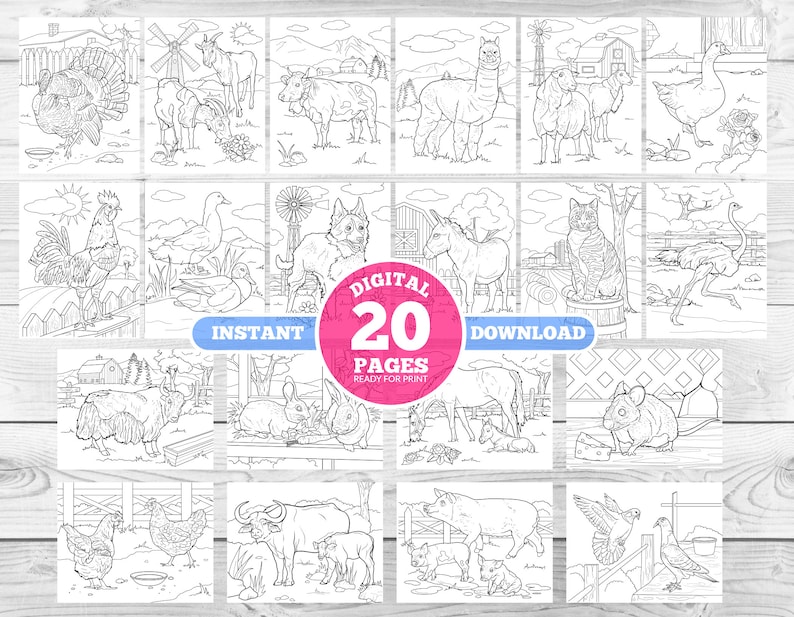 20 Digital Printable Coloring Pages for Kids Farm Animals, Instant ...
