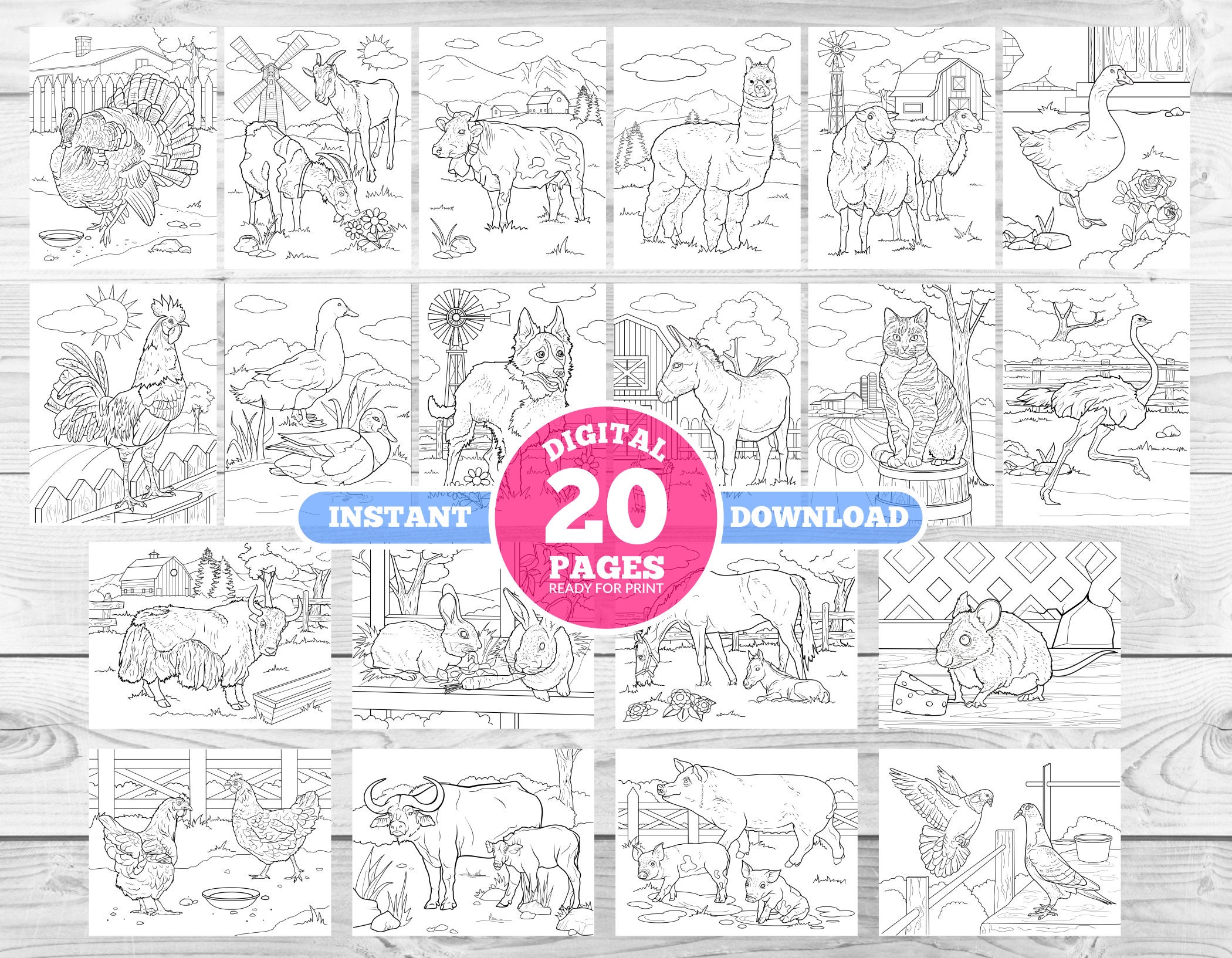 20 Digital Printable Coloring Pages for Kids Farm Animals, Instant ...