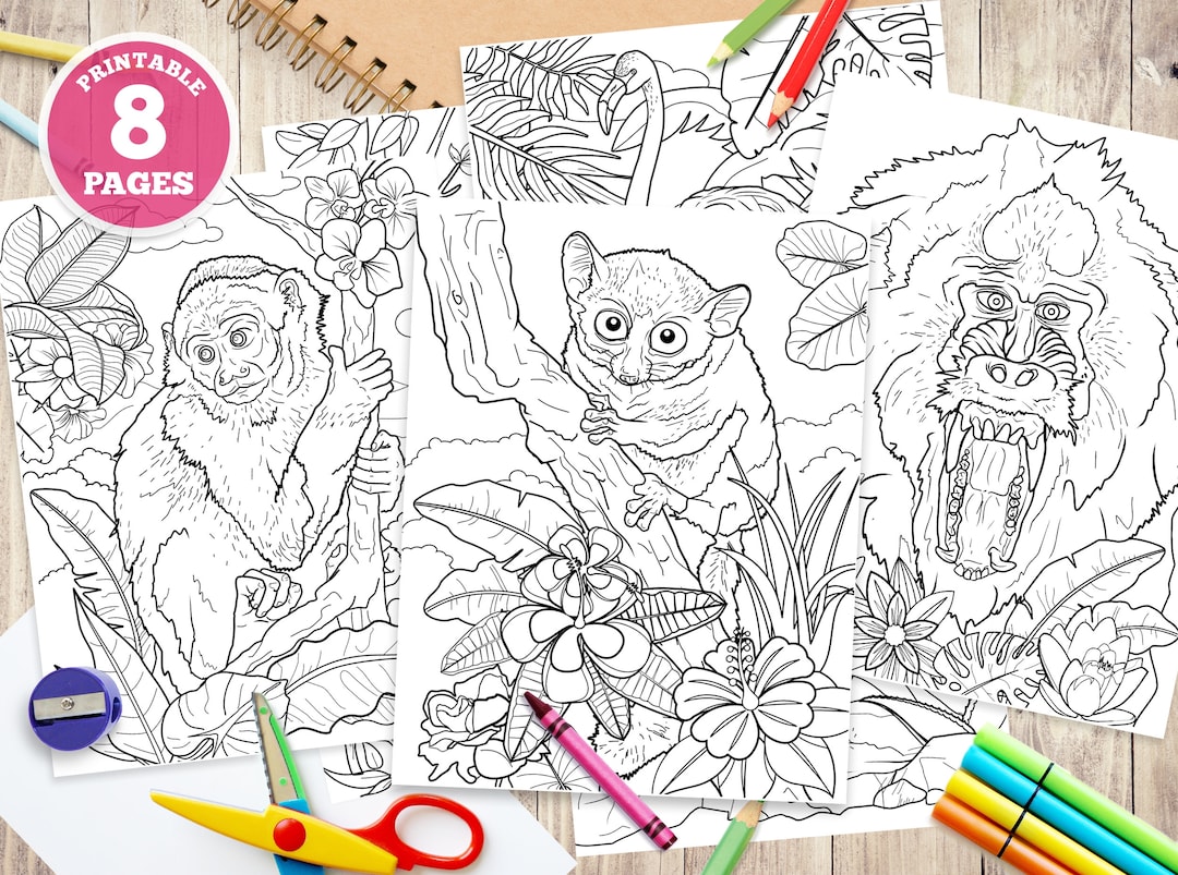 8 Printable Digital Coloring Pages for Kids, Jungle Animals, Unique ...