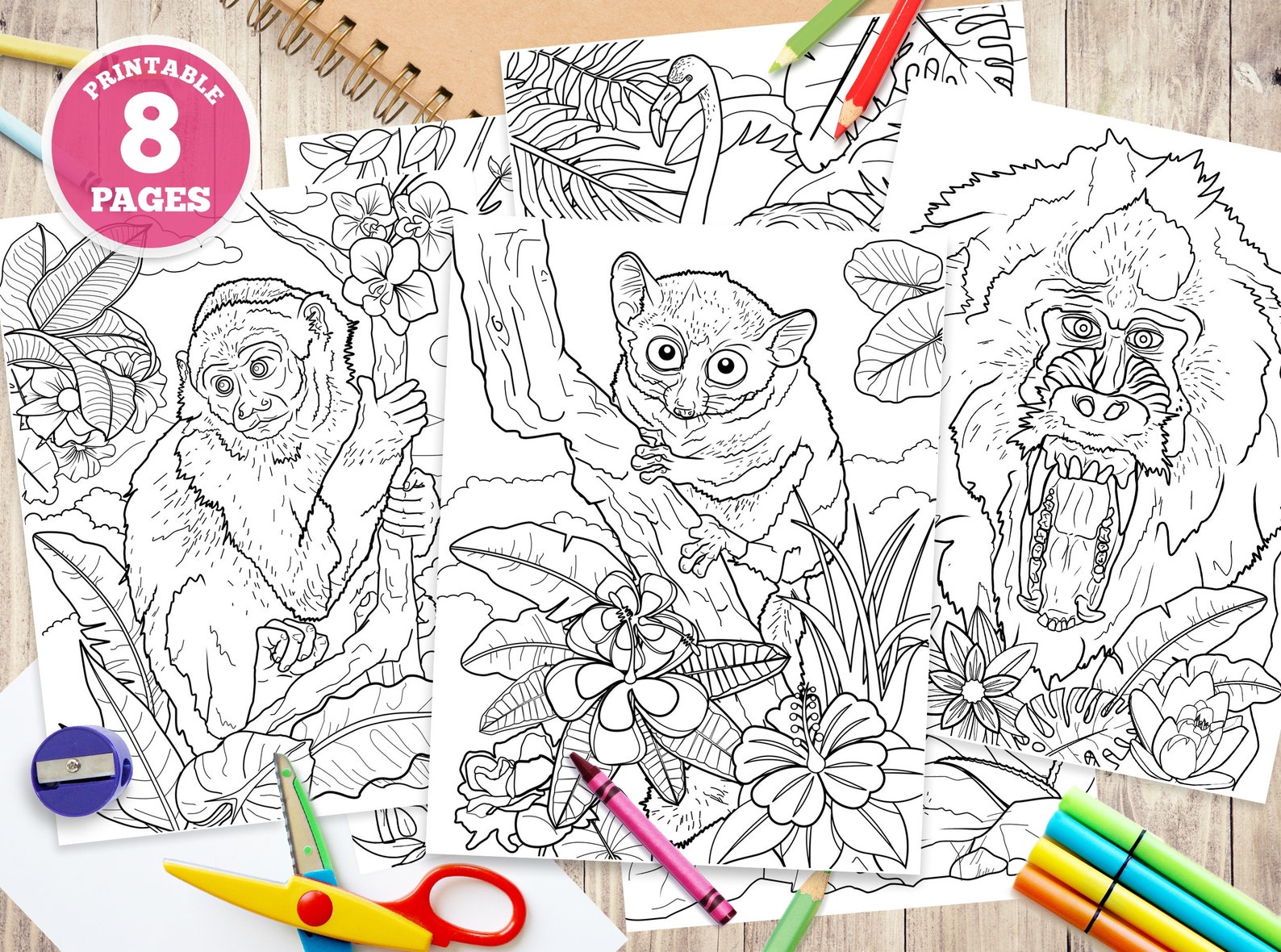 8 Printable Digital Coloring Pages for Kids, Jungle Animals, Unique ...