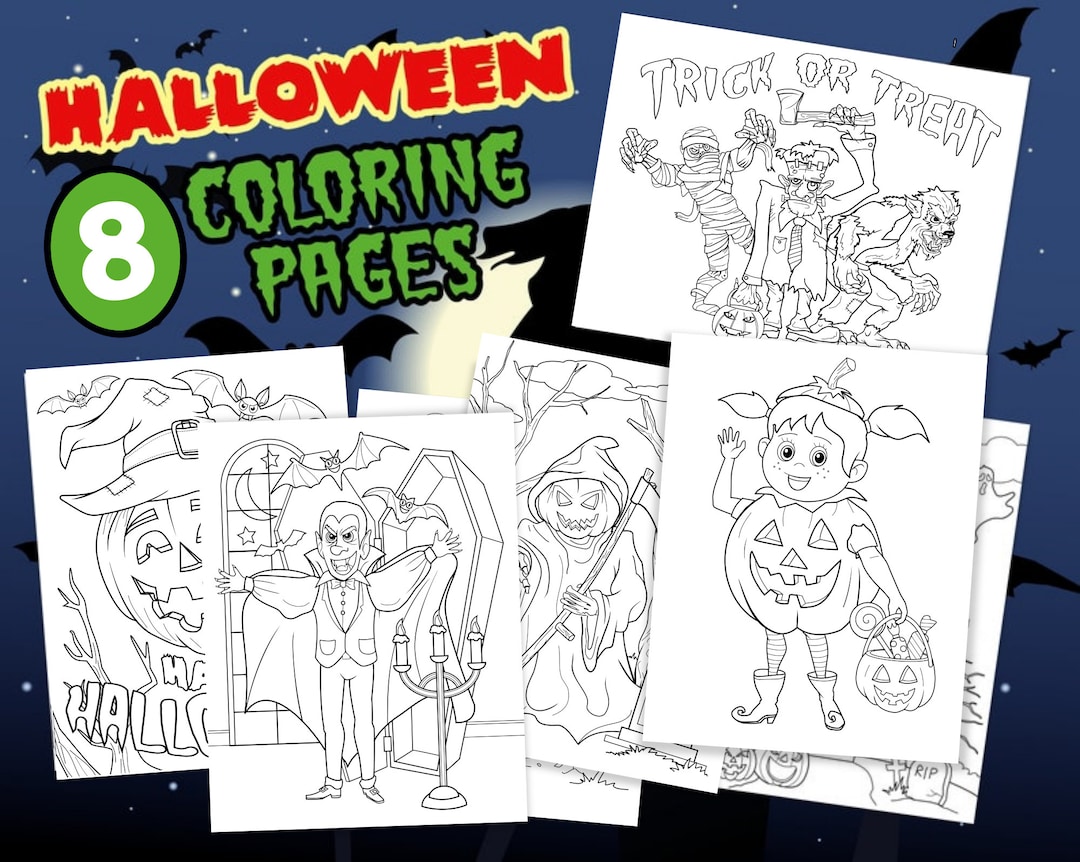 Halloween 8 Digital Coloring Pages for Kids, Printable Pdf, Instant ...