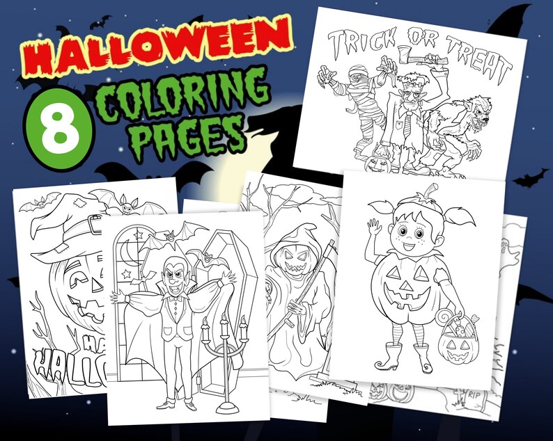 Halloween 8 Digital Coloring Pages for Kids, Printable Pdf, Instant ...