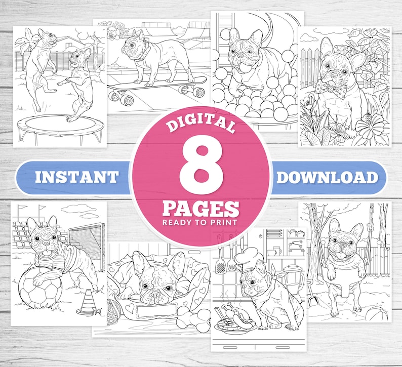 8 Pack - French Bulldogs Coloring Pages, Pdf,printable, Frenchies, Dog ...
