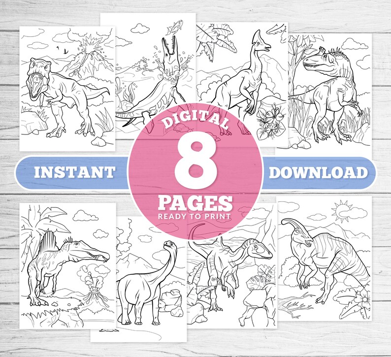 8 Printable Digital Coloring Pages for Kids, Prehistoric Dinosaurs ...