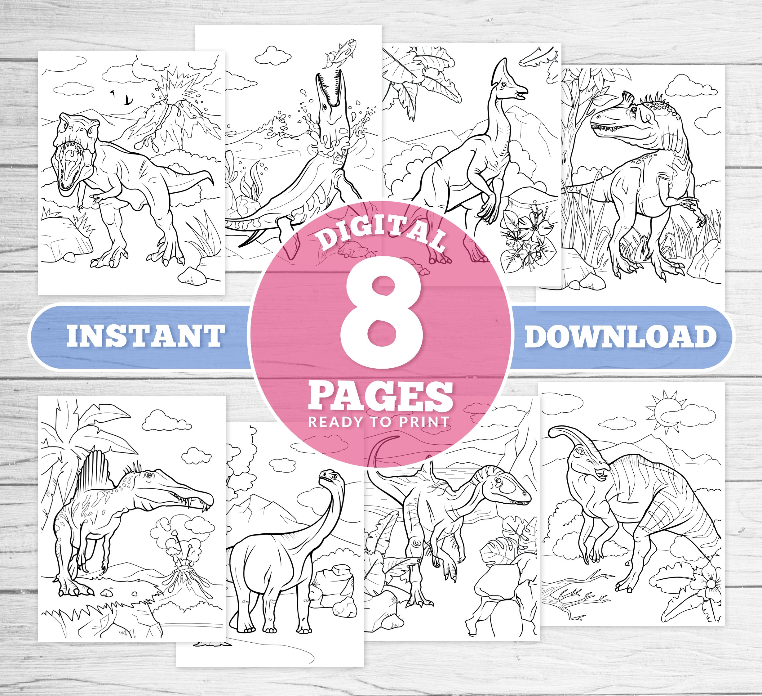 8 Printable Digital Coloring Pages for Kids, Prehistoric Dinosaurs ...
