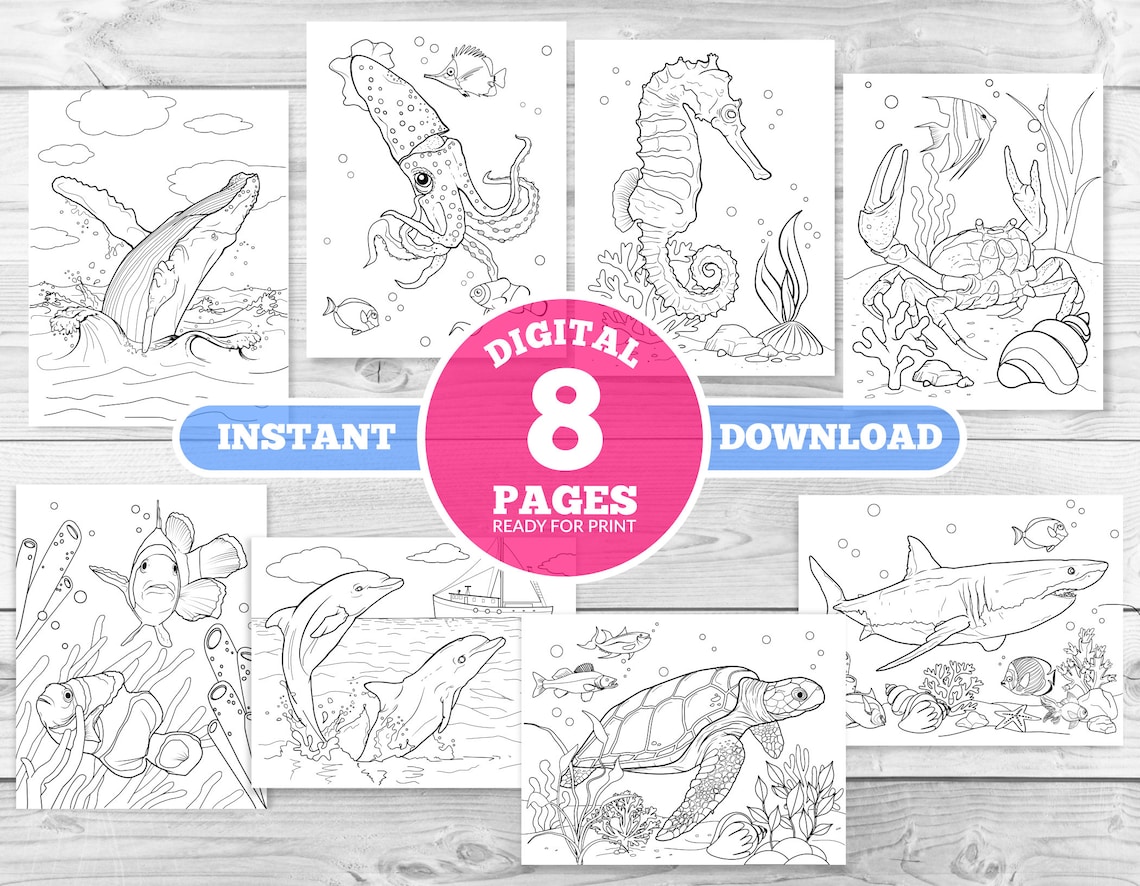 8 Digital Coloring Pages for Kids Sea Creatures, Sea Animals, Tropical ...